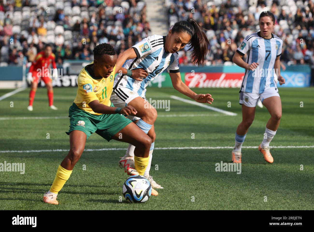 South Africa's Thembi Kgatlana, left, competes for the ball with ...
