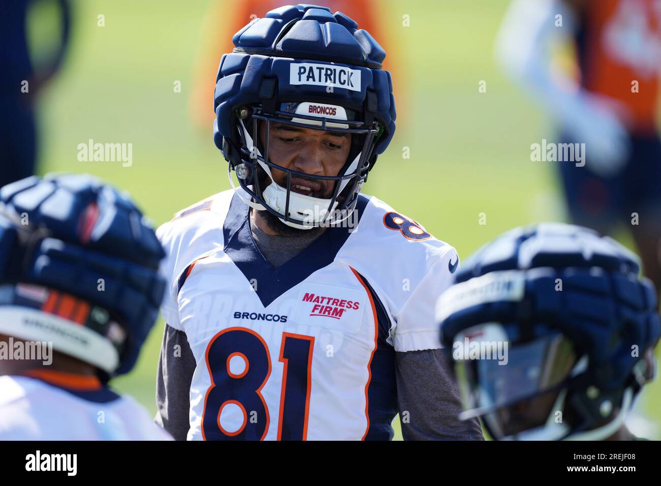 Denver Broncos wide receiver Tim Patrick (81) takes part in drills ...