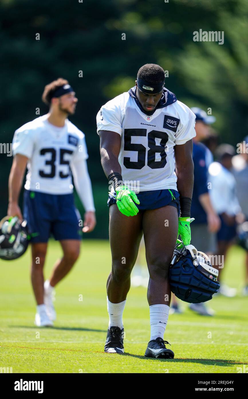 Seattle Seahawks linebacker Derick Hall (58) walks on the field during the NFL football team's ...