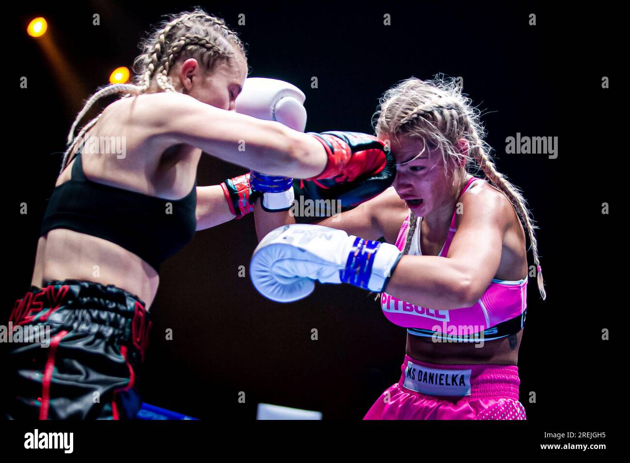 DUBLIN, IRELAND - JULY 15: (L-R) Daniella Hemsley punches Ms.Danielka ...