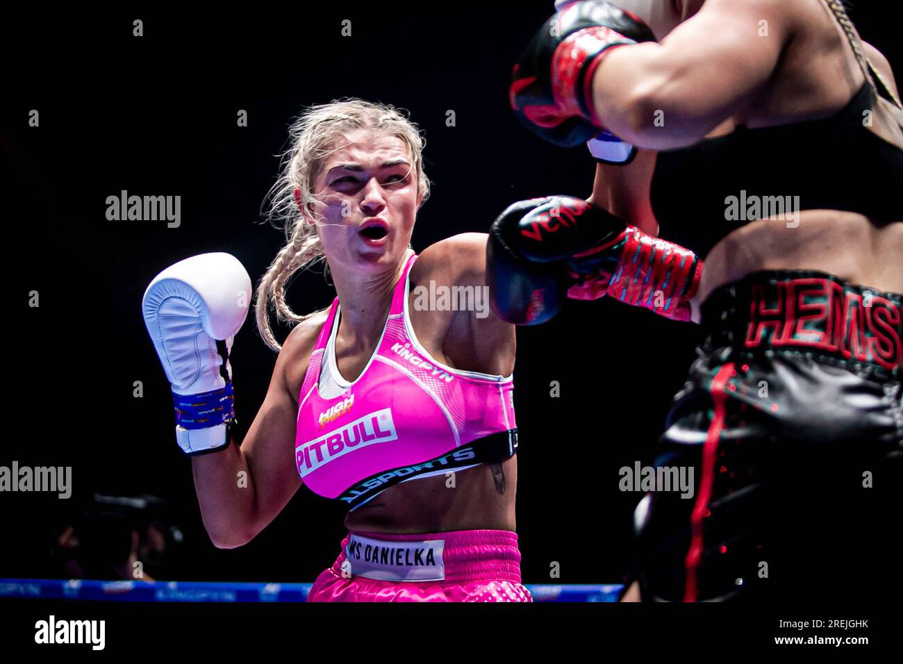 DUBLIN, IRELAND - JULY 15: (L-R) Ms.Danielka punches Daniella Hemsley ...