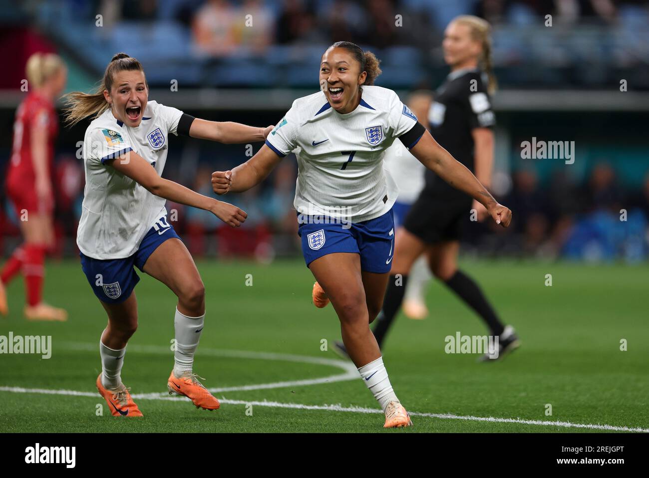 England's Lauren James, right, celebrates a first half goal with ...