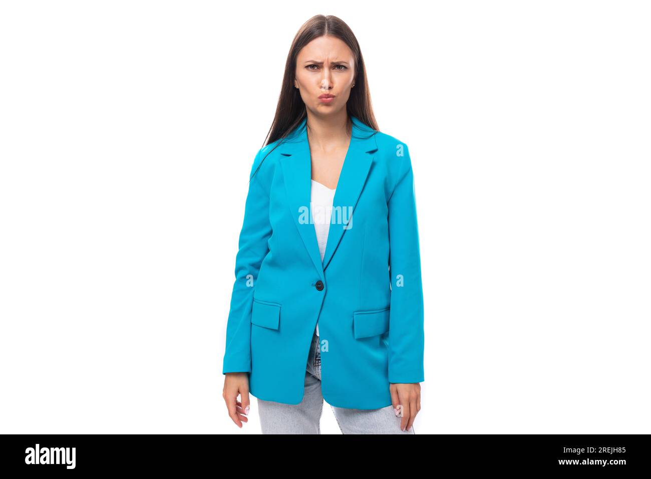 young attractive coquettish office worker woman with black straight ...