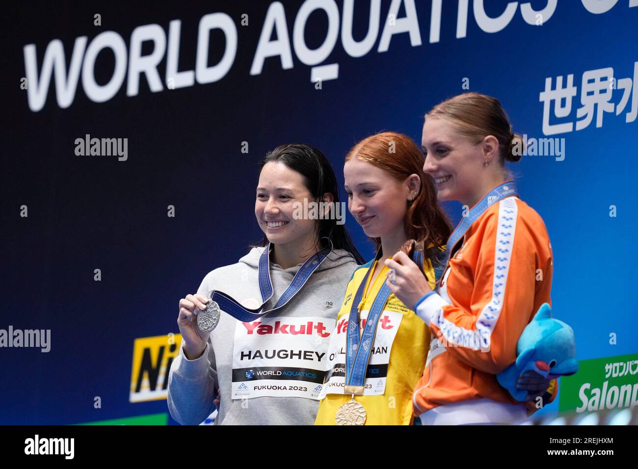 Medalists, from left to right, Siobhan Haughey of Hong Kong, silver, Mollie O'Callaghan of ...