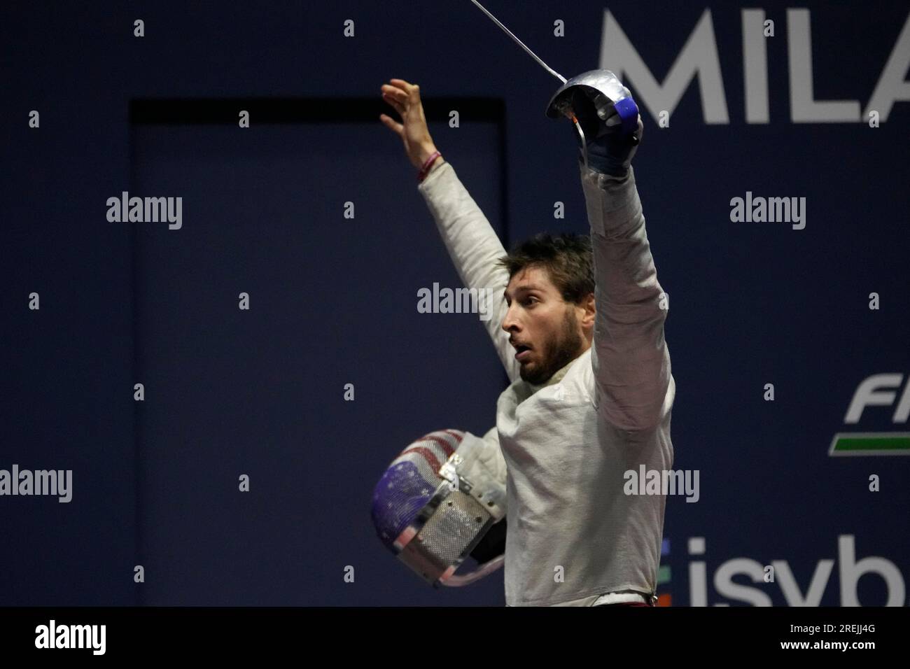 U.S. Eli Dershwitz celebrates after beating France's Sebastien Patrice ...