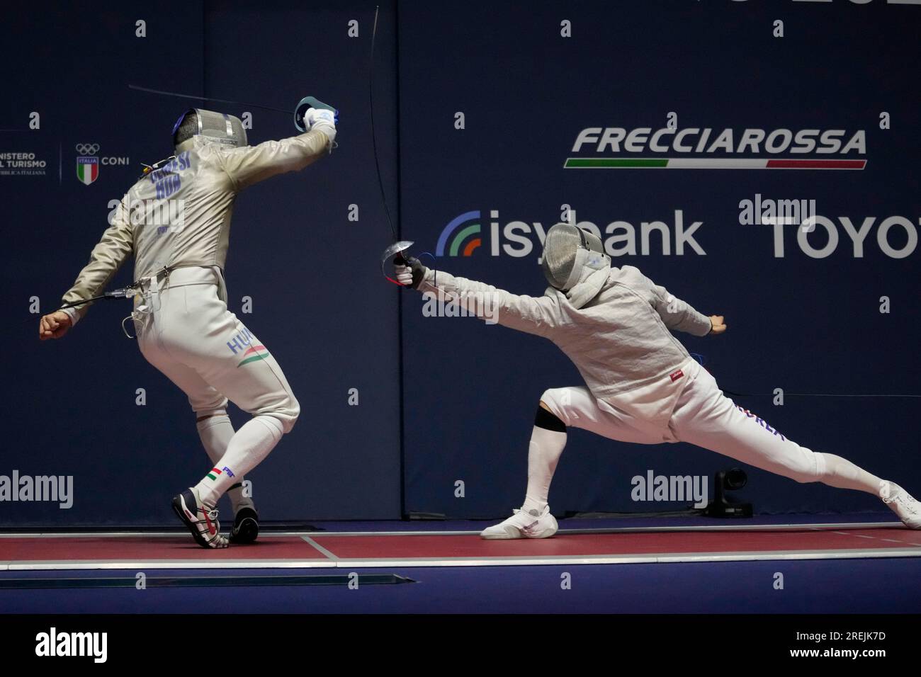 Hungary's Csanad Gemsi, left, competes with Korea's Kim Junho during ...