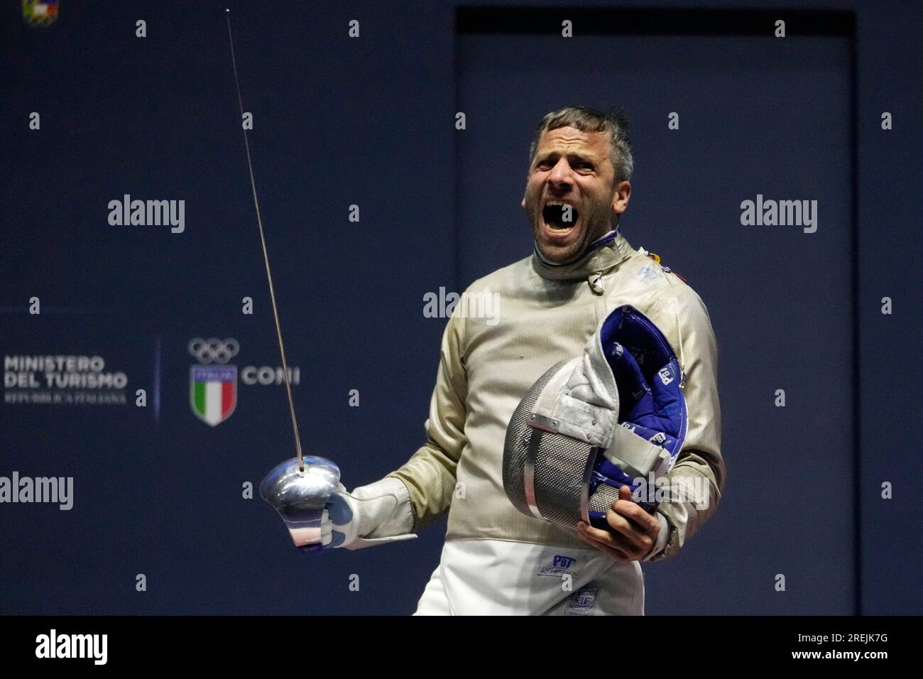 Hungary's Csanad Gemsi reacts after winning a point as he competes with ...