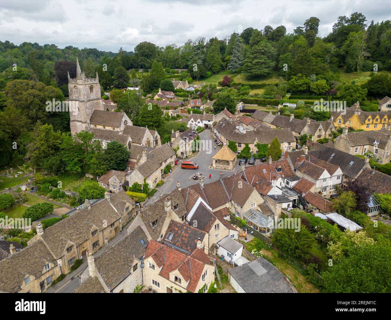 Aerial view of the English village of Castle Combe in the Costwolds ...