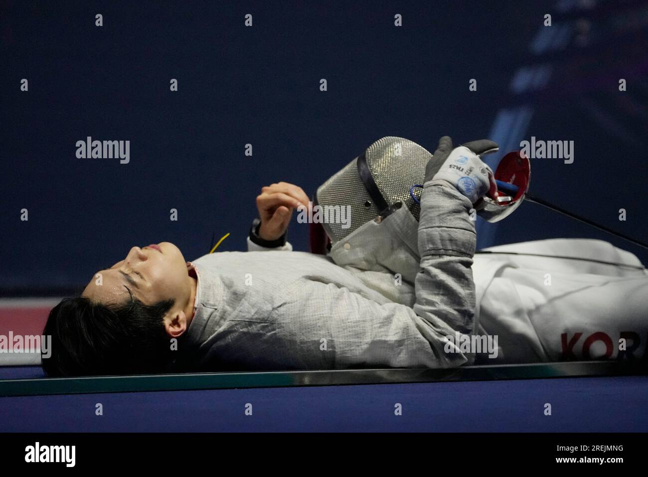 Korea's Kim Junho reacts after injuring during the men's Team Sabre ...