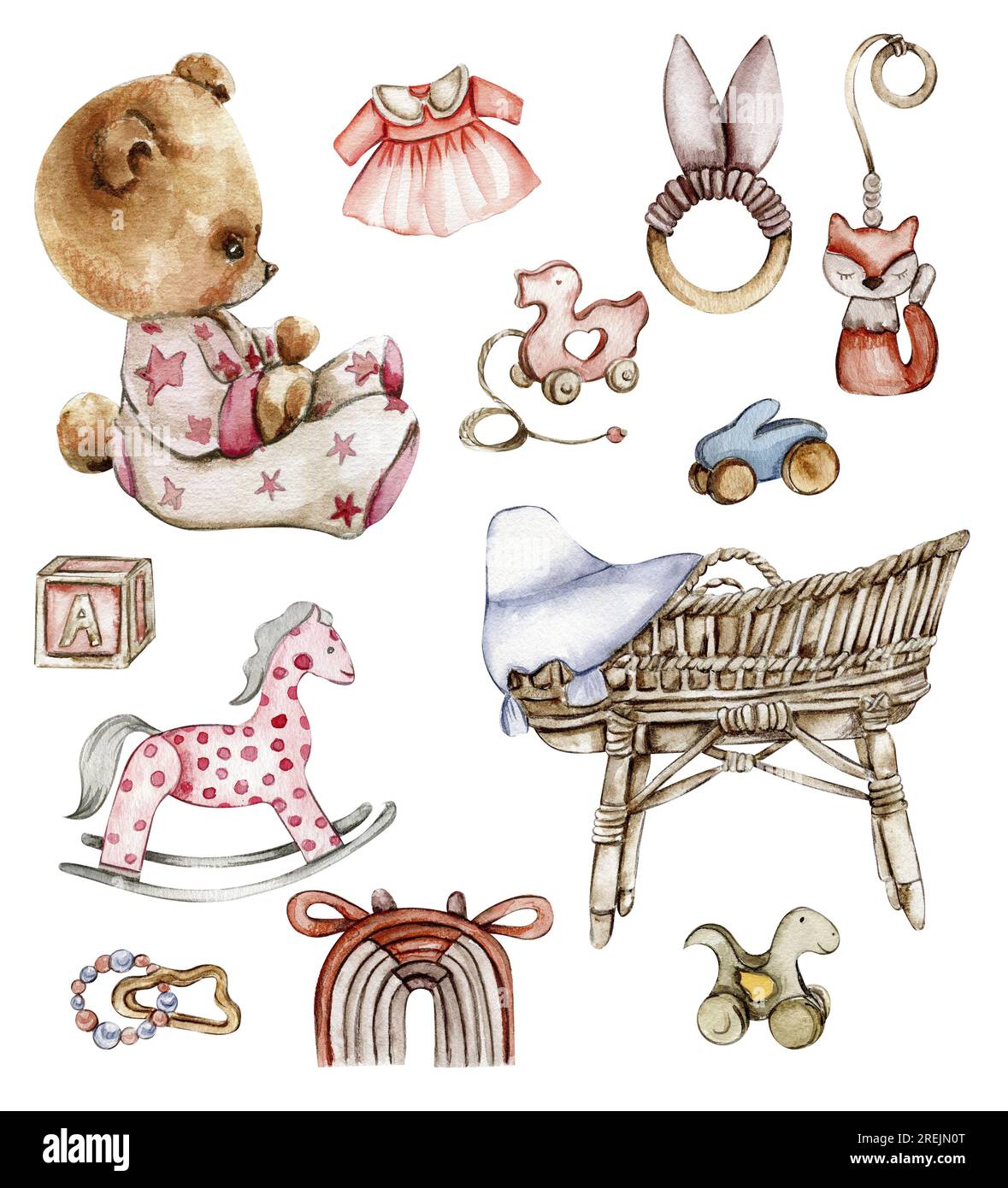 Set of watercolor baby toys and teddy bear. Wood kids toys watercolor ...