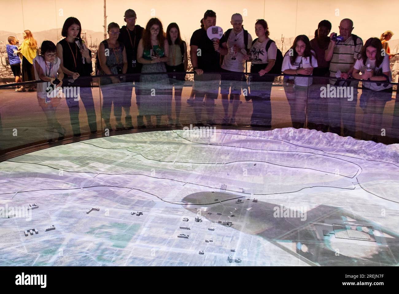 July 27, 2023, Hiroshima, Japan: Visitors watch a 3D presentation of ...