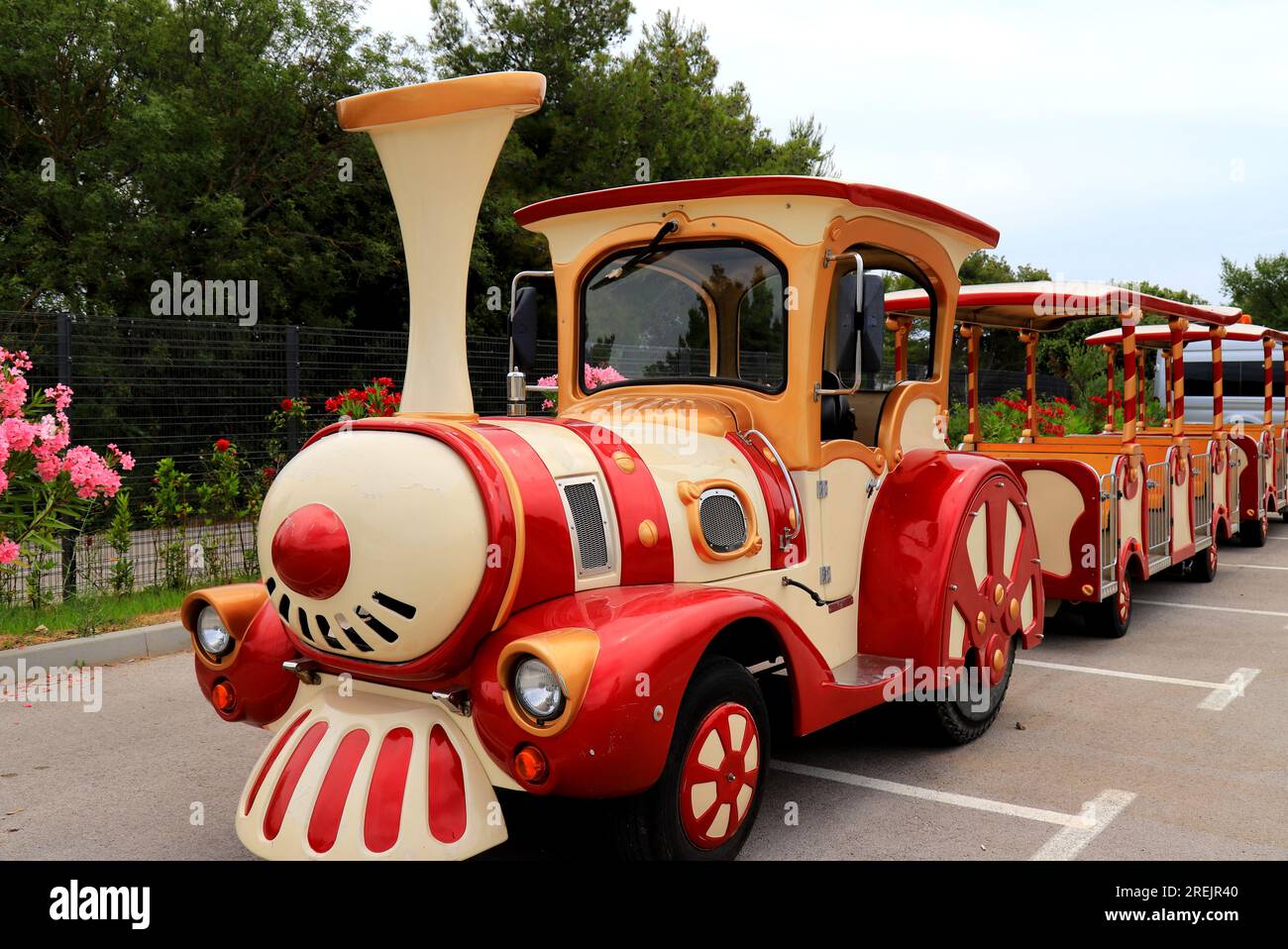 Excursion electric train for park walk . A small train ride for ...