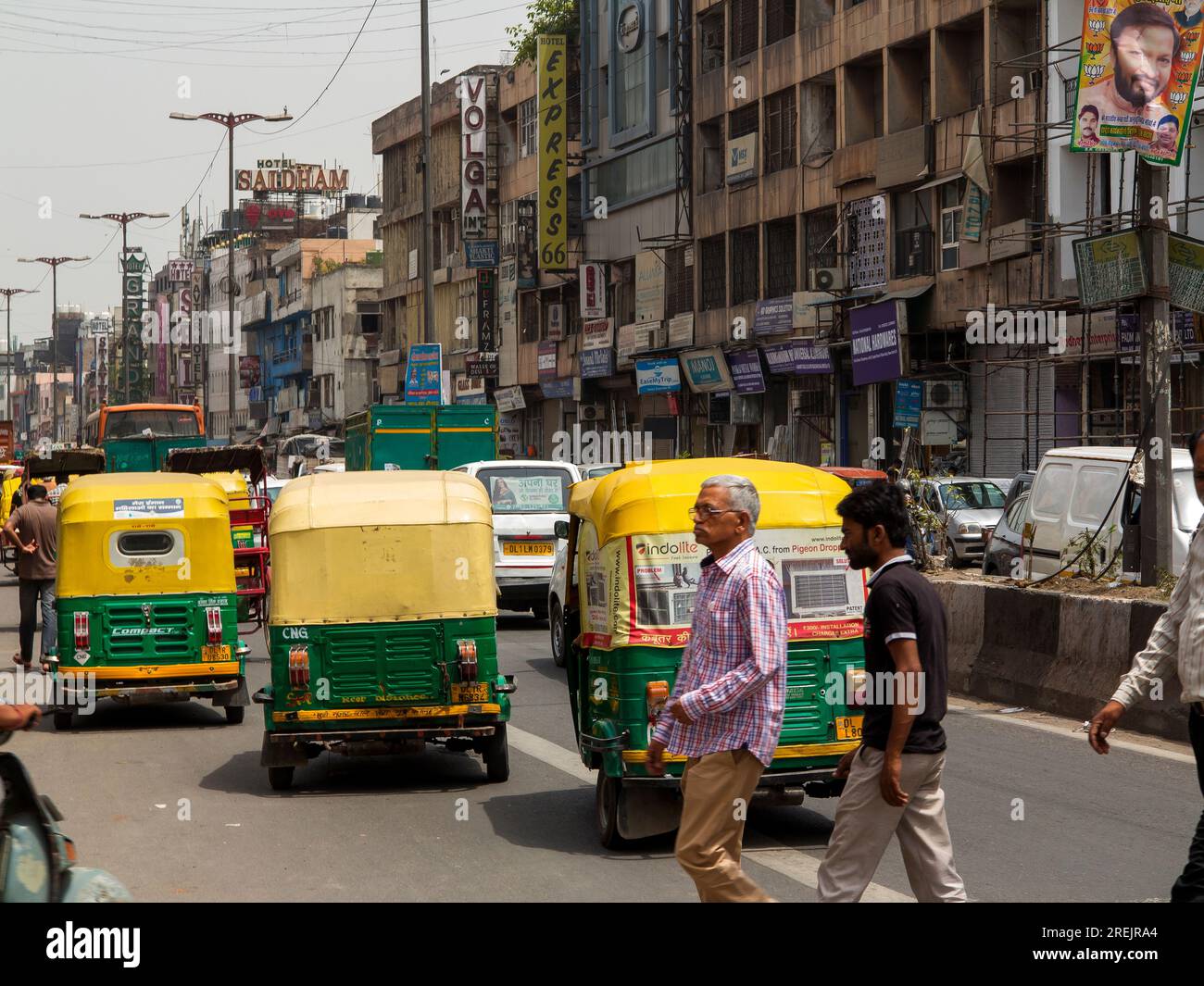 Tuk tuk traffic at D. B. Gupta Road, Paharganj area, New Delhi, India ...