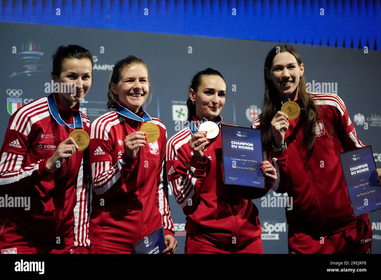 Poland team celebrates on the podium their gold medals after winning ...