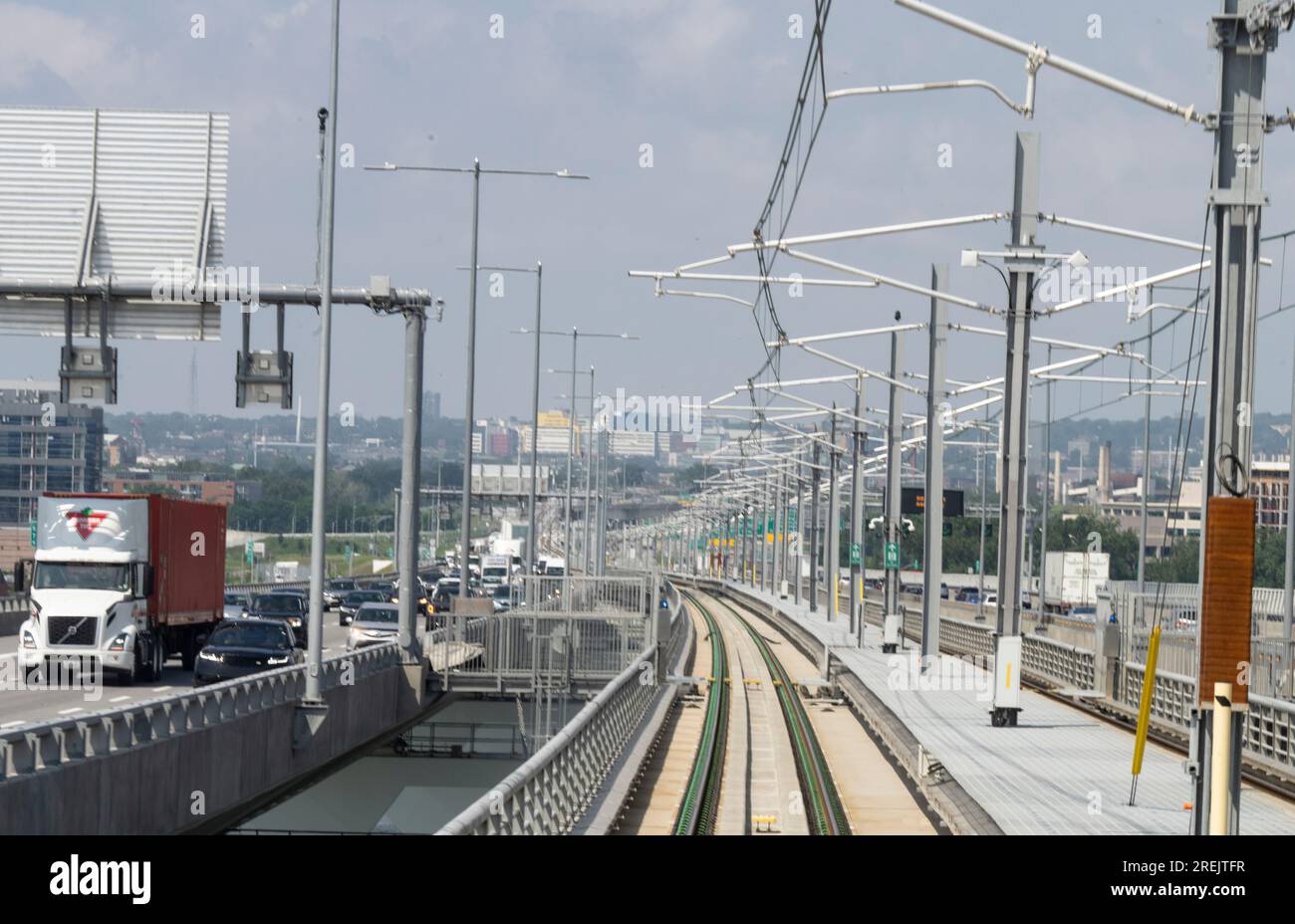 Brossard, Canada. 28th July, 2023. Traffic is seen on the Champlain ...
