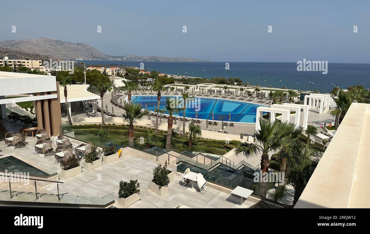 Tourist resorts near the town of Lardos on the Greek island of Rhodes ...