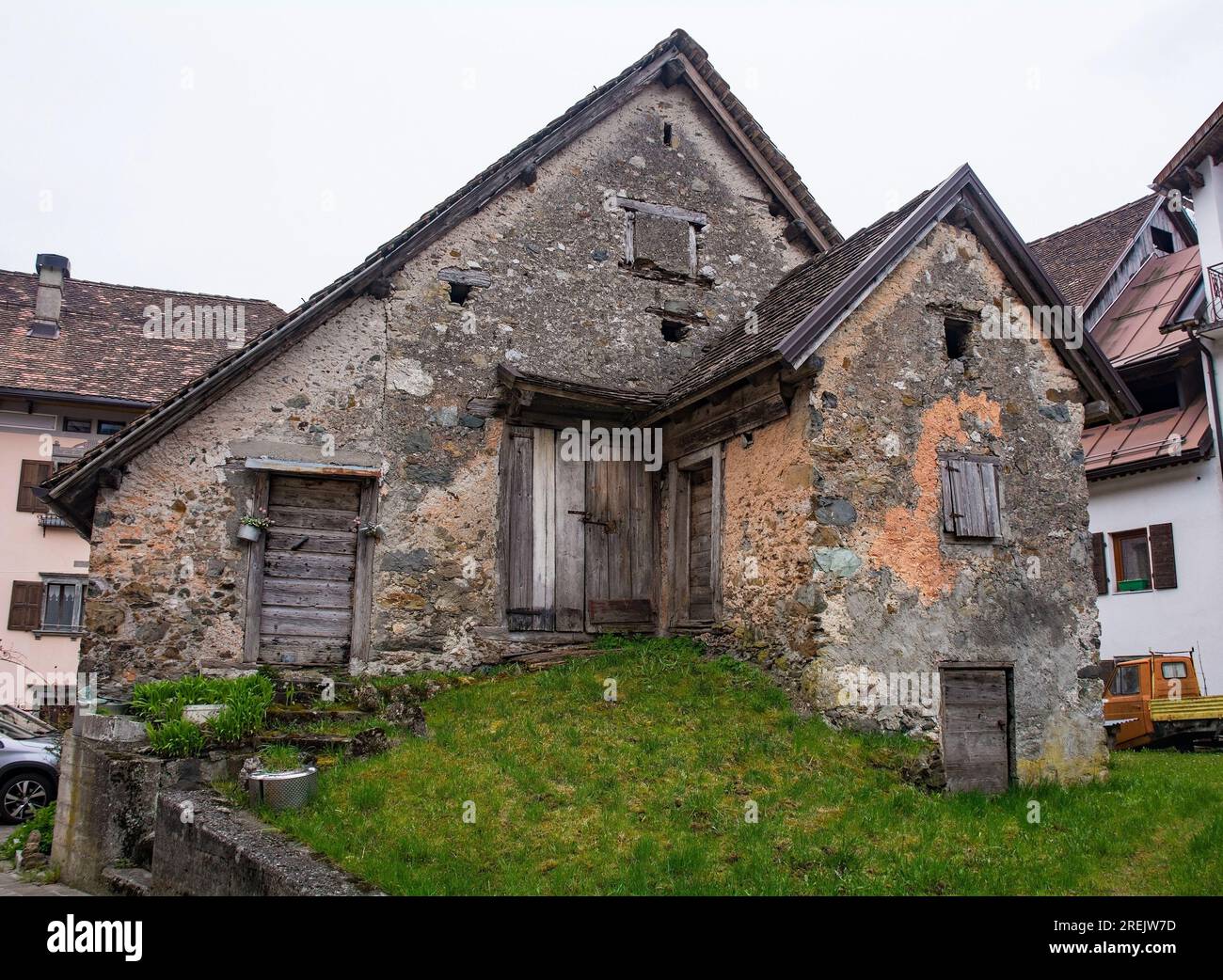 An old derelict stone residential building in the historic mountain ...
