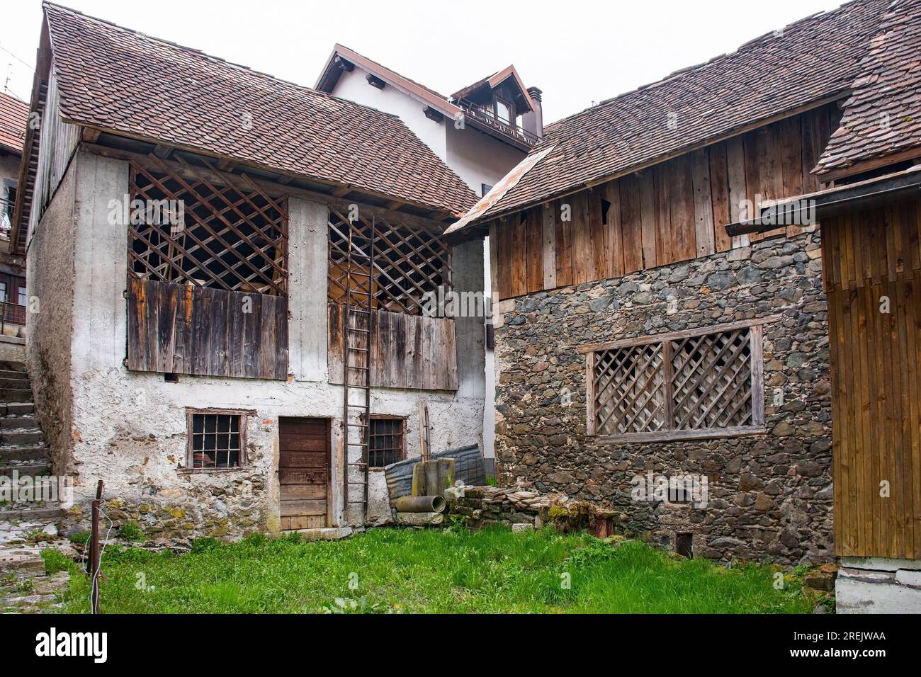 Old derelict stone buildings in the historic mountain village of ...