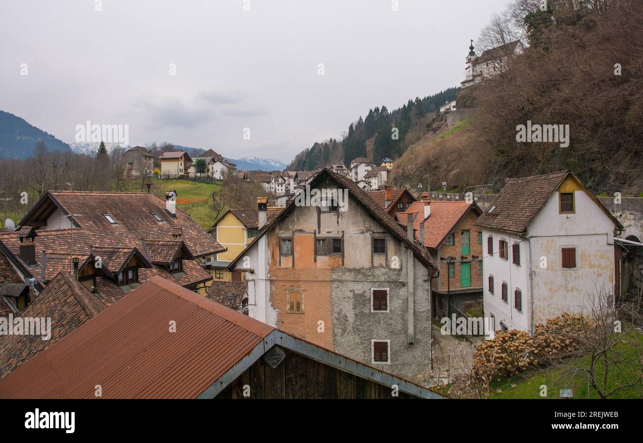 Old buildings in the mountain village of Rigolato in Carnia, Friuli ...