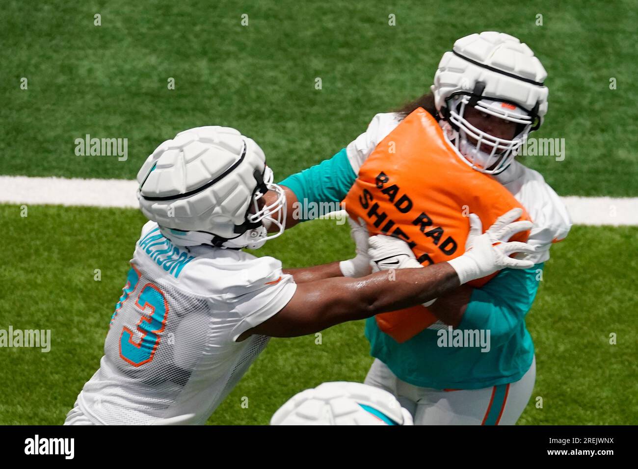 Miami Dolphins guard Austin Jackson (73) and center Alama Uluave, right ...