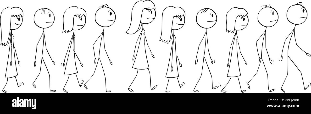 Group or Crowd of People Walking Together, vector cartoon stick figure ...