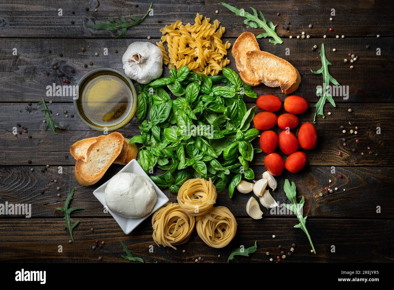Italian food ingredients, fresh mozzarella, bruschetta, tagliatelle and ...