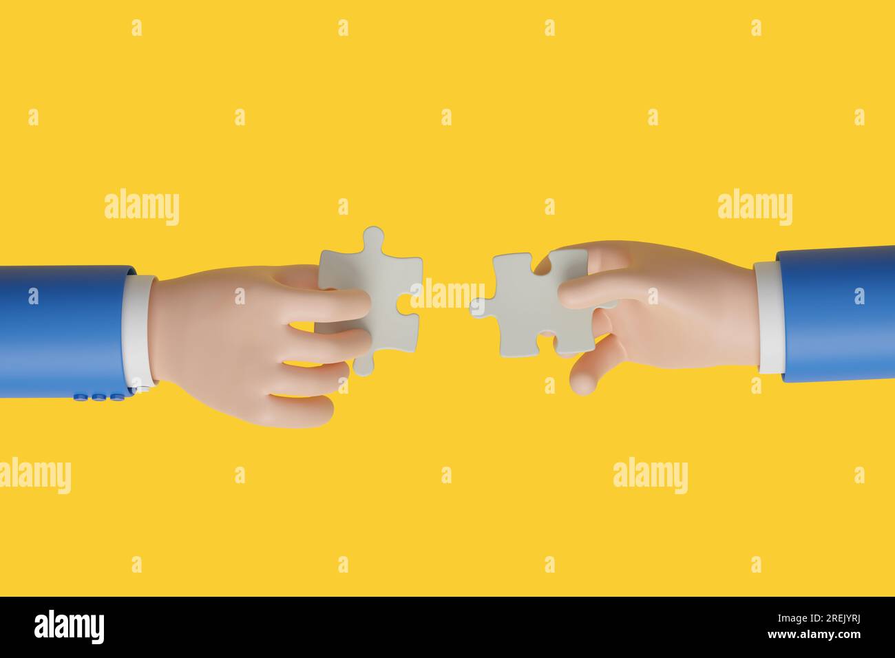 Two cartoon hands connecting jigsaw puzzle isolated on yellow ...
