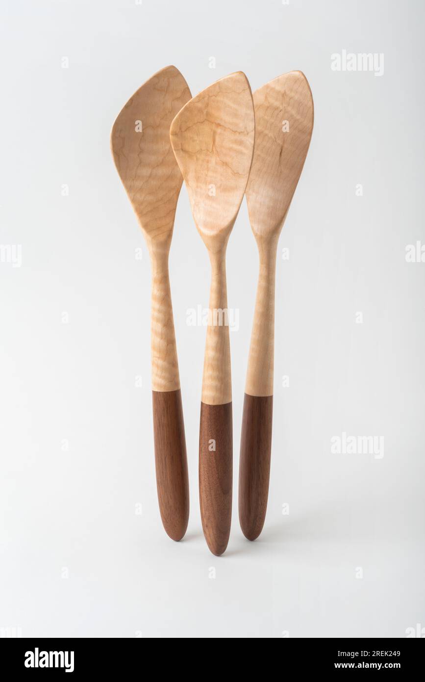 Handmade wooden kitchen utensil, from birch and walnut woods Stock ...