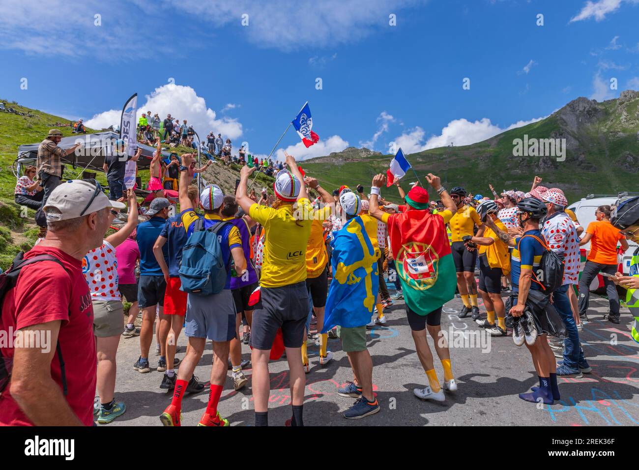 Col du Tourmalet, France - July 06 2023: Cycling fans waiting for the ...