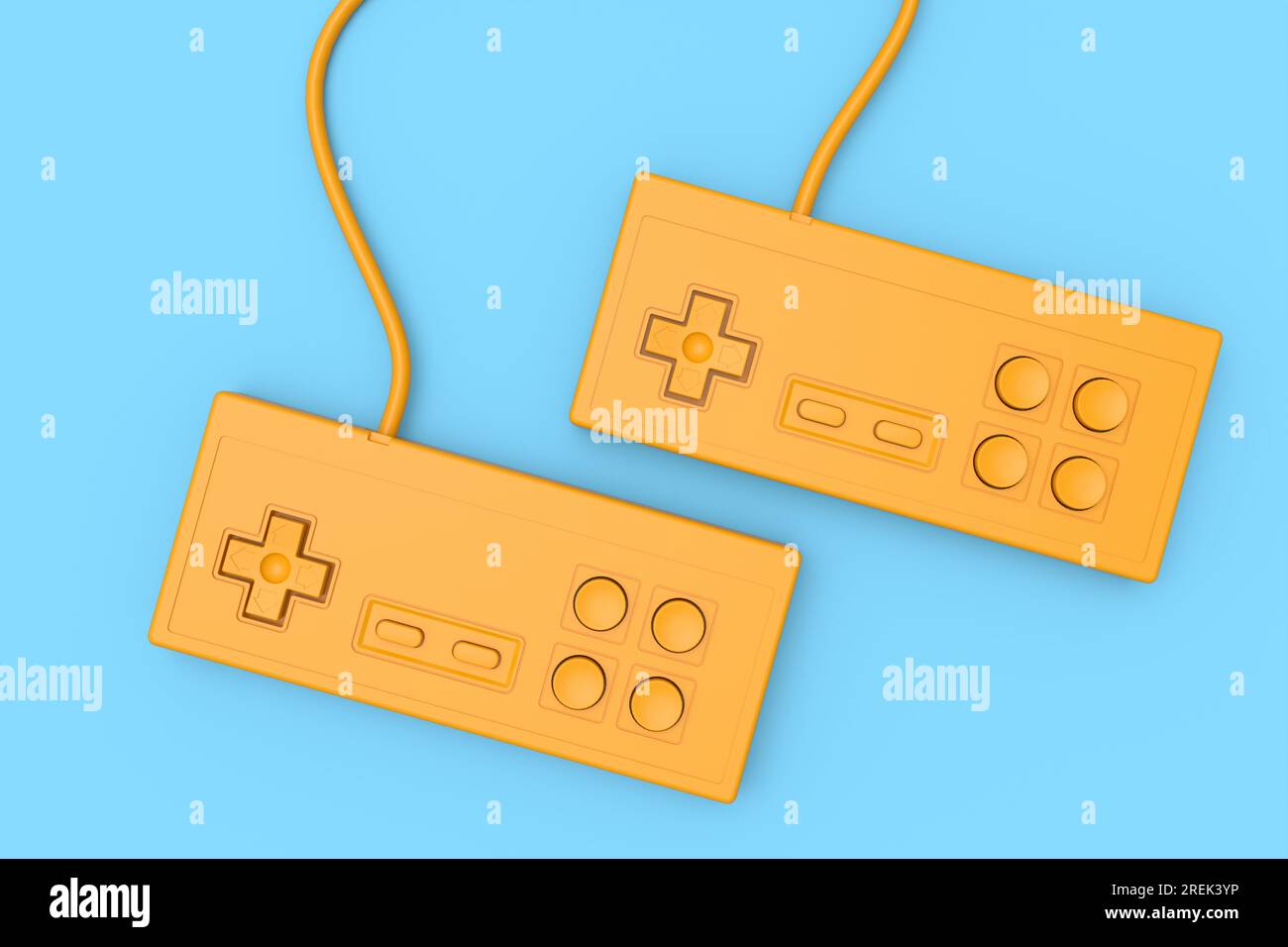 Retro computer gaming controller joystick on monochrome blue background ...