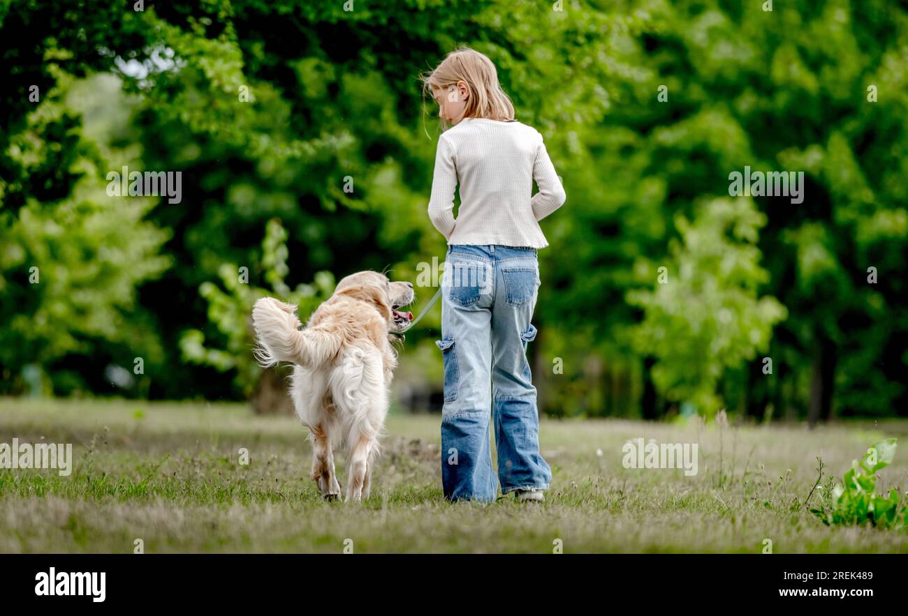Preteen girl with golden retriever dog walking at nature. Cute child ...