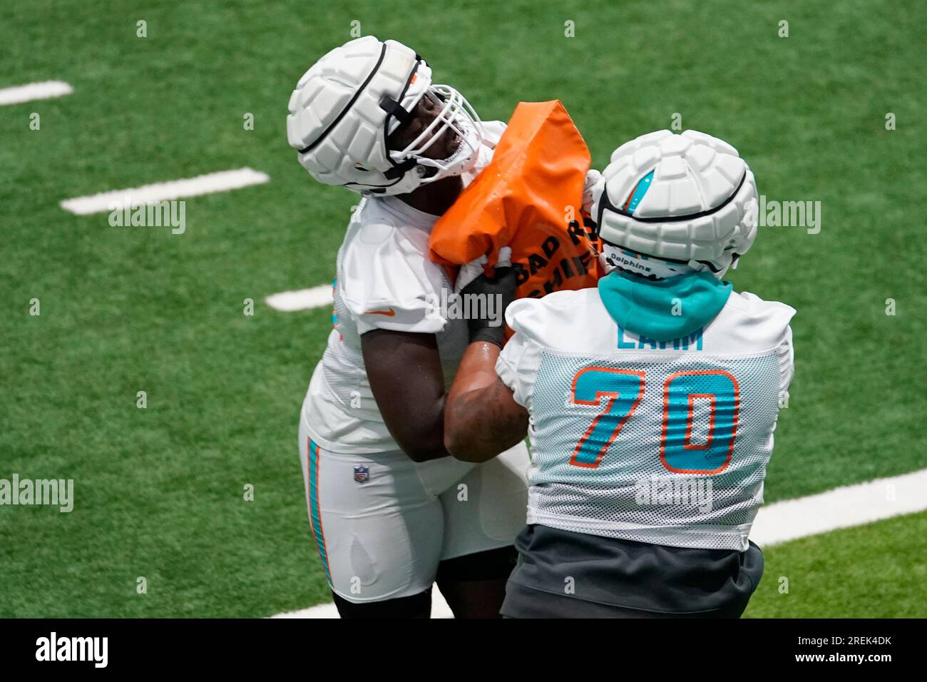 Miami Dolphins offensive tackle Kion Smith, left, and offensive tackle ...