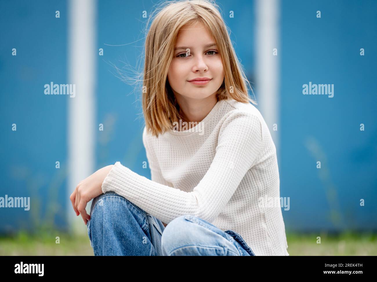 Cute preteen gitl with blond hair portrait. Pretty child kid model ...