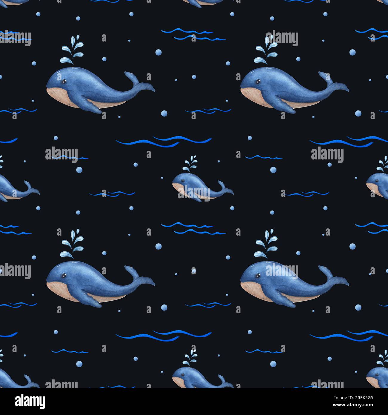 Cute cartoon whales isolated on black background. Watercolor underwater ...