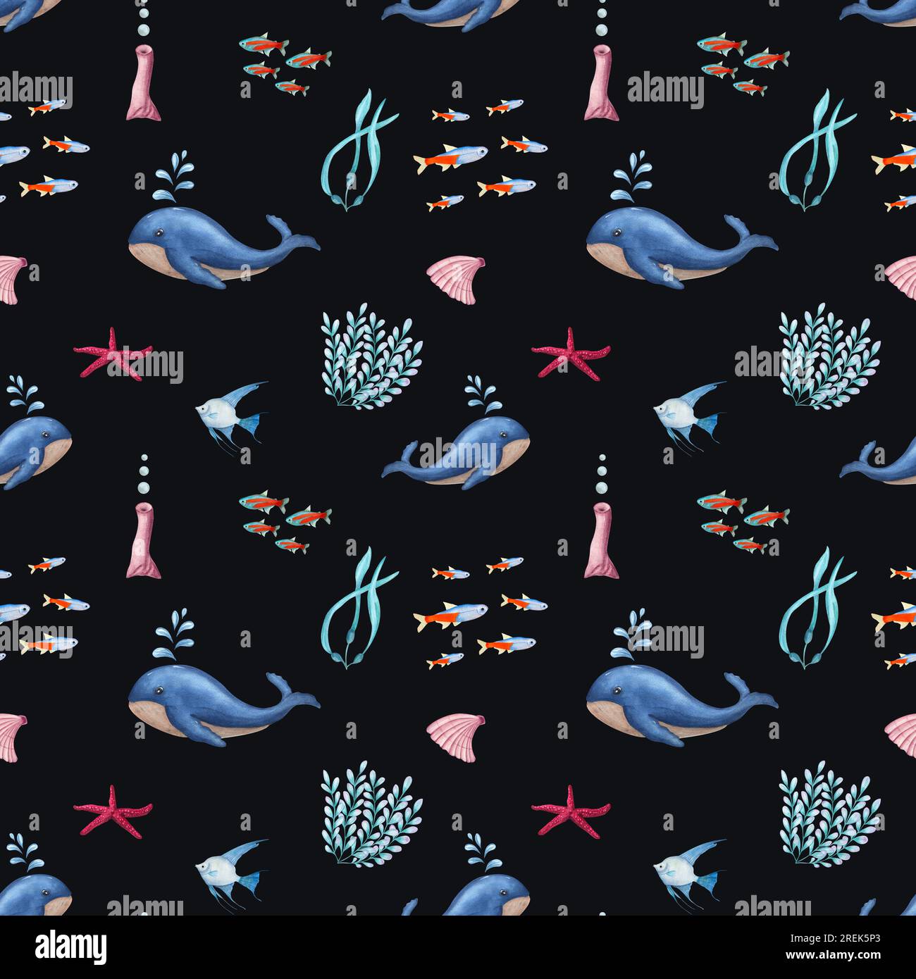 Underwater seamless pattern of blue whale, angelfish, neonfish, seaweed ...