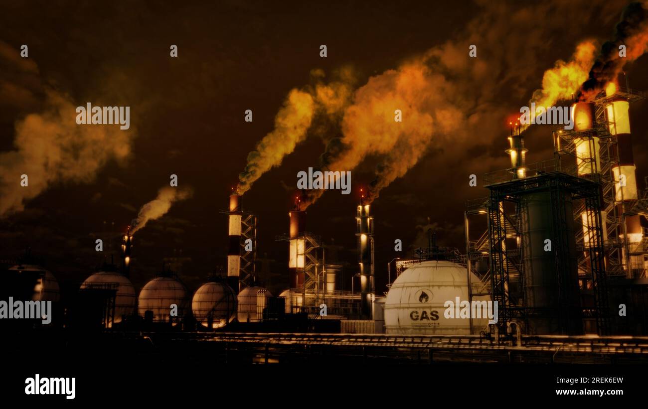 gas or gasoline electrical power station with storage tanks, fictitious ...