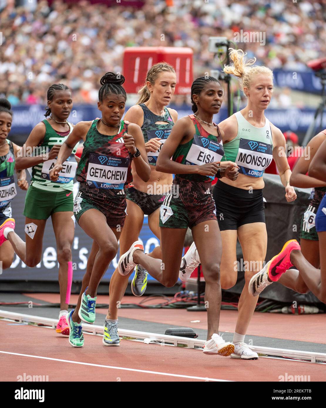 Alicia Monson of the USA and Medina Eisa of Ethiopia competing in the women’s 5000m at the Wanda ...