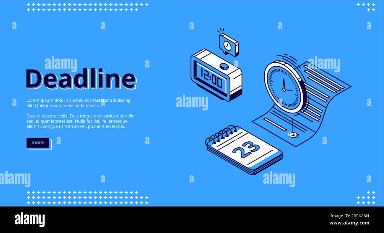 Deadline isometric landing page, Paper document page , alarm clock and ...