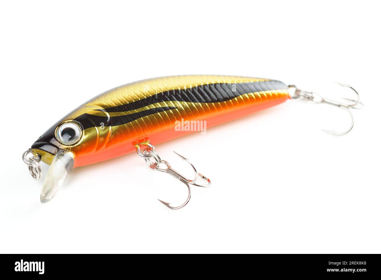 Yellow and black minnow plastic fishing lure isolated on white ...