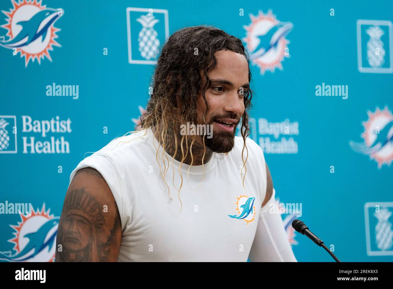 Miami Dolphins linebacker Duke Riley speaks to the news media at the ...