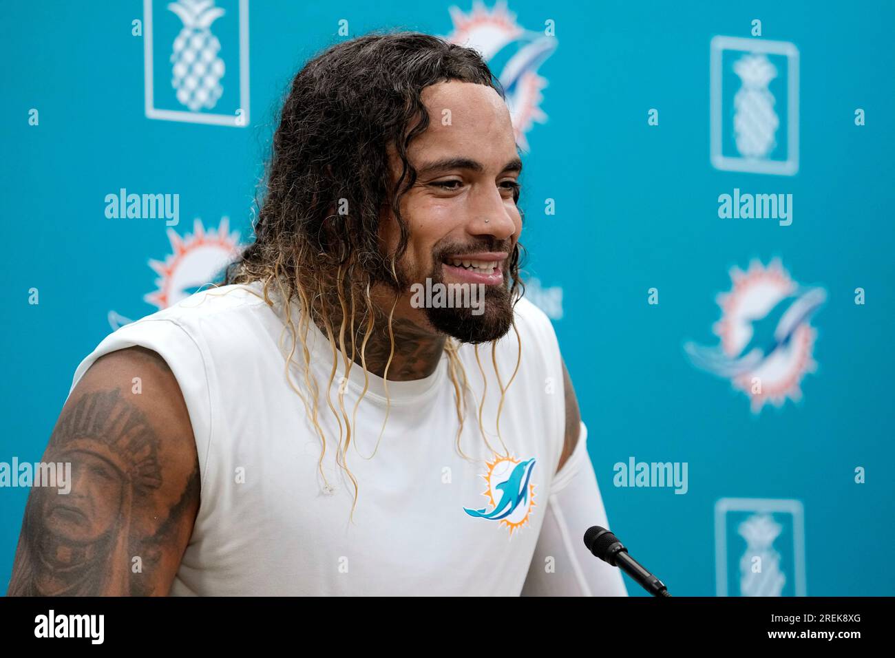 Miami Dolphins linebacker Duke Riley speaks to the news media at the ...