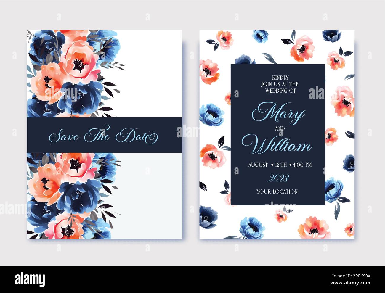 Watercolor Navy blue floral wedding invitation cards template Stock ...