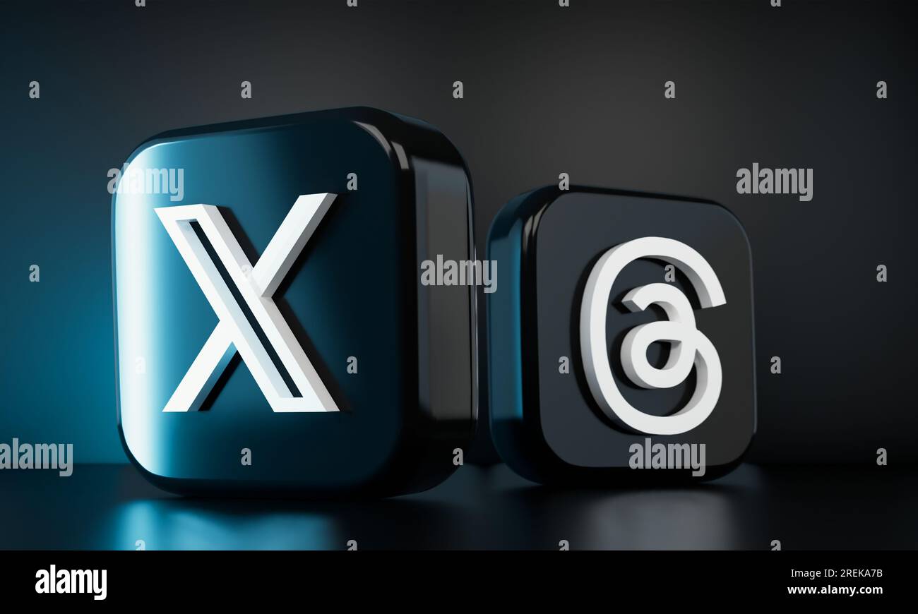 July, 2023. Twitter vs threads. Twitter new logo as X.com 3d ...