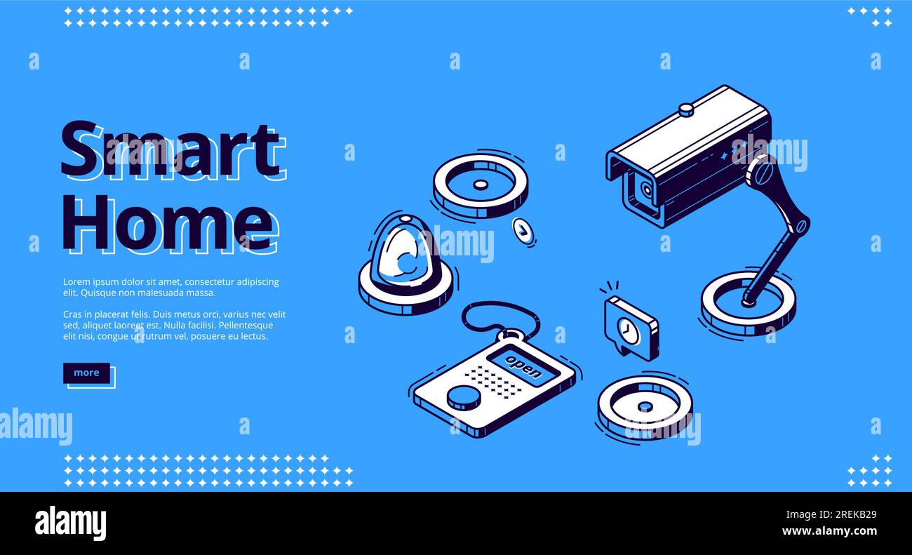 Smart home, internet of things isometric web banner. Monitoring camera and smart house equipment ...
