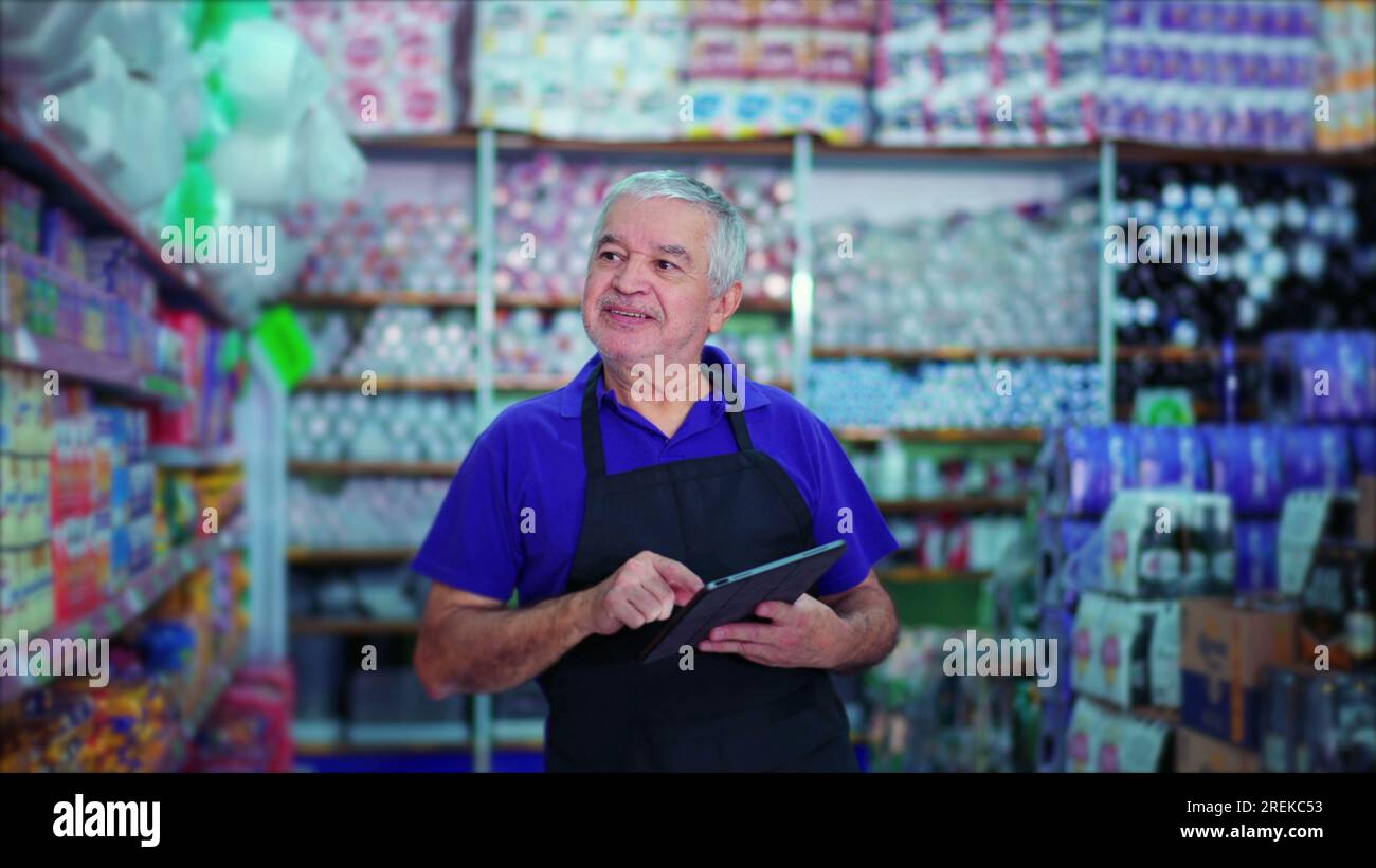 Happy Male Caucasian Senior Manager of Grocery Store Using Tablet ...
