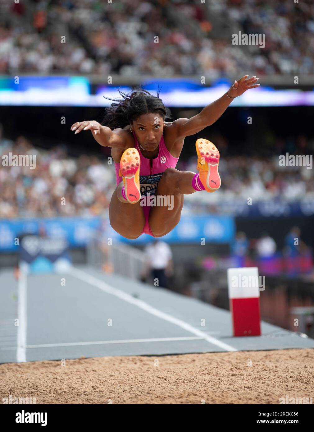 Tara Davis-Woodhall of the USA competing in the women’s long jump at ...