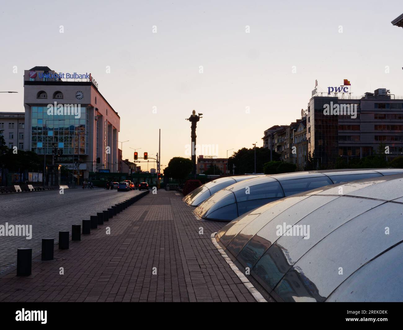 Statue of Sveta Sofia with glass domes of The Largo Complex in ...