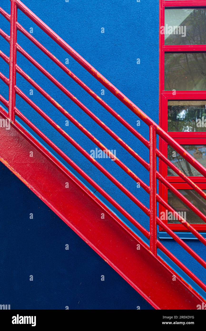 Abstract image of red stairs and a blue wall on Granville Island ...