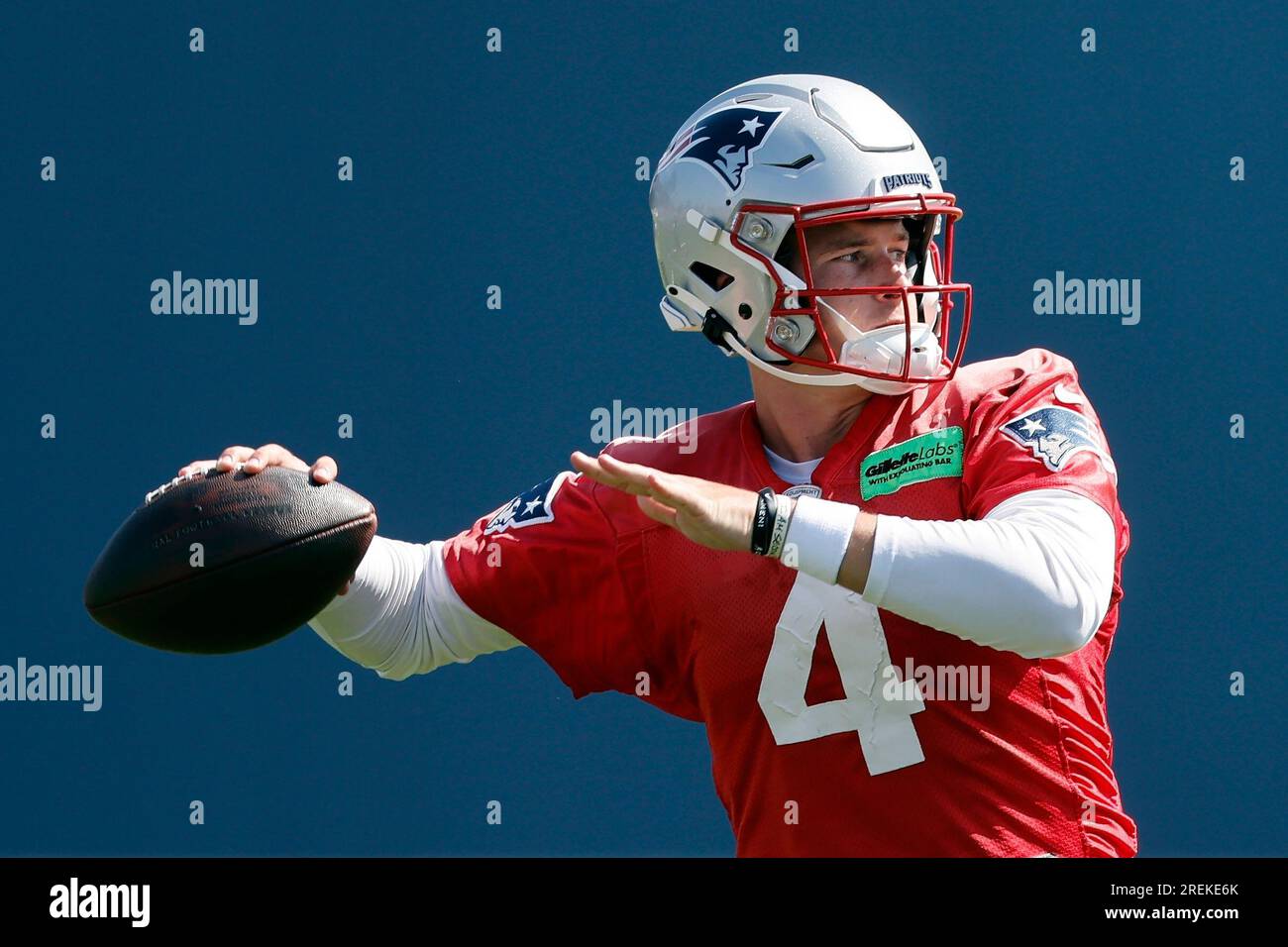 New England Patriots quarterback Bailey Zappe (4) during an NFL ...