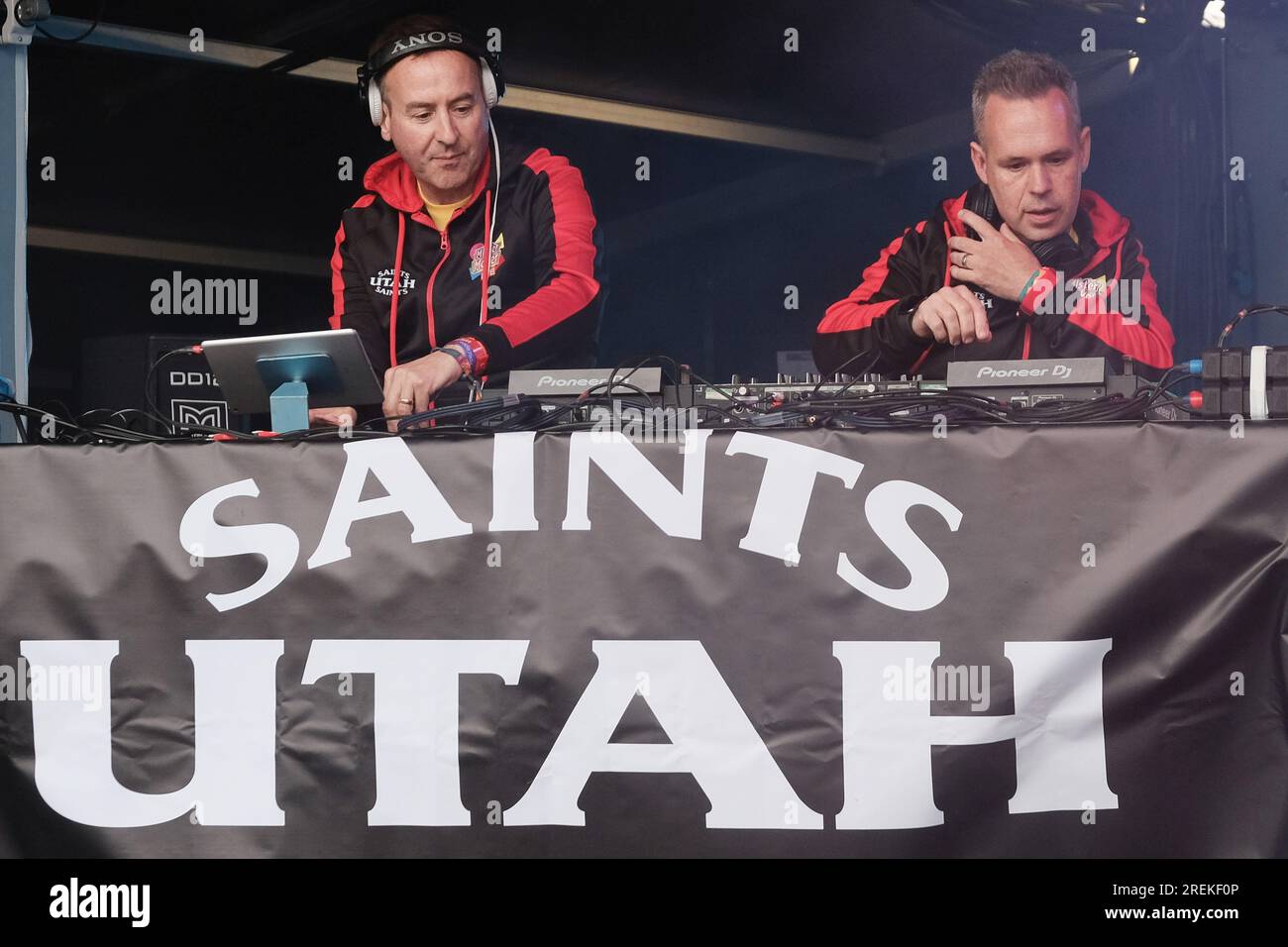 Lulworth, UK. 28th July, 2023. L-R Electronic music duo Jez Willis and ...